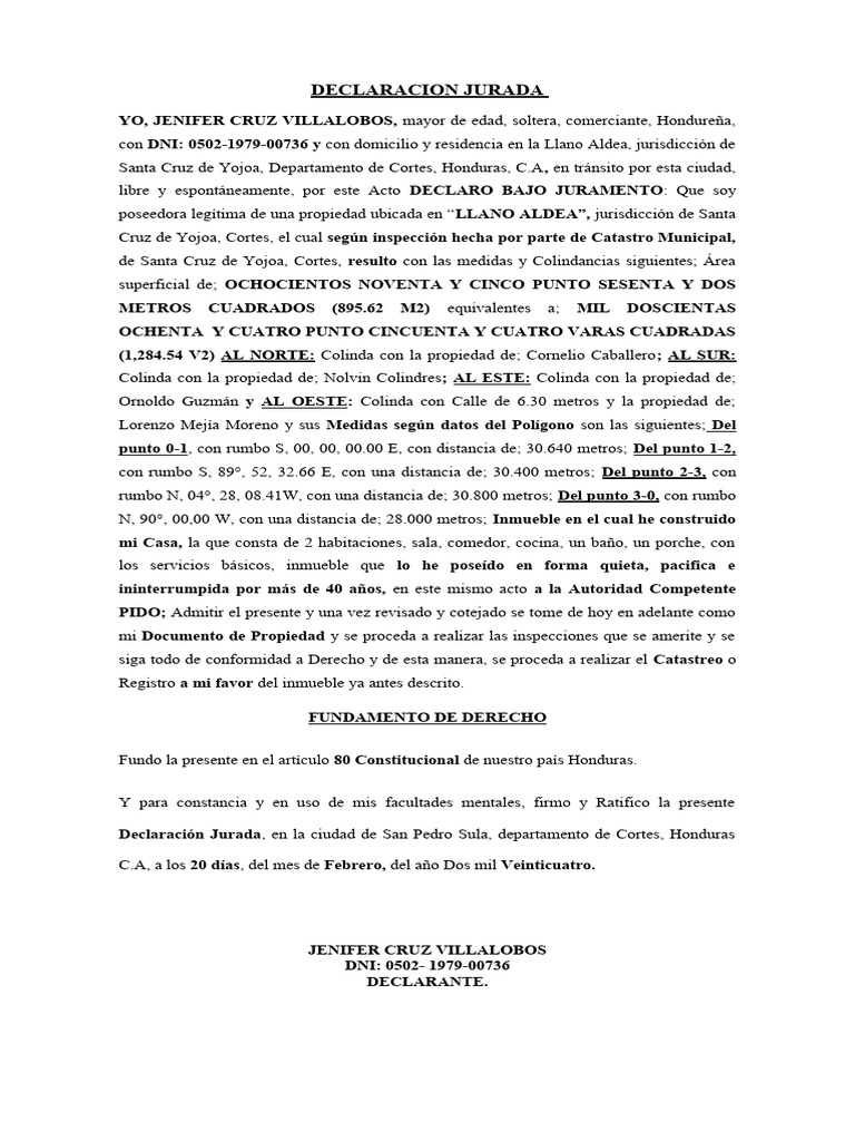 Declaración Jurada de Propiedad en Honduras | PDF | Honduras