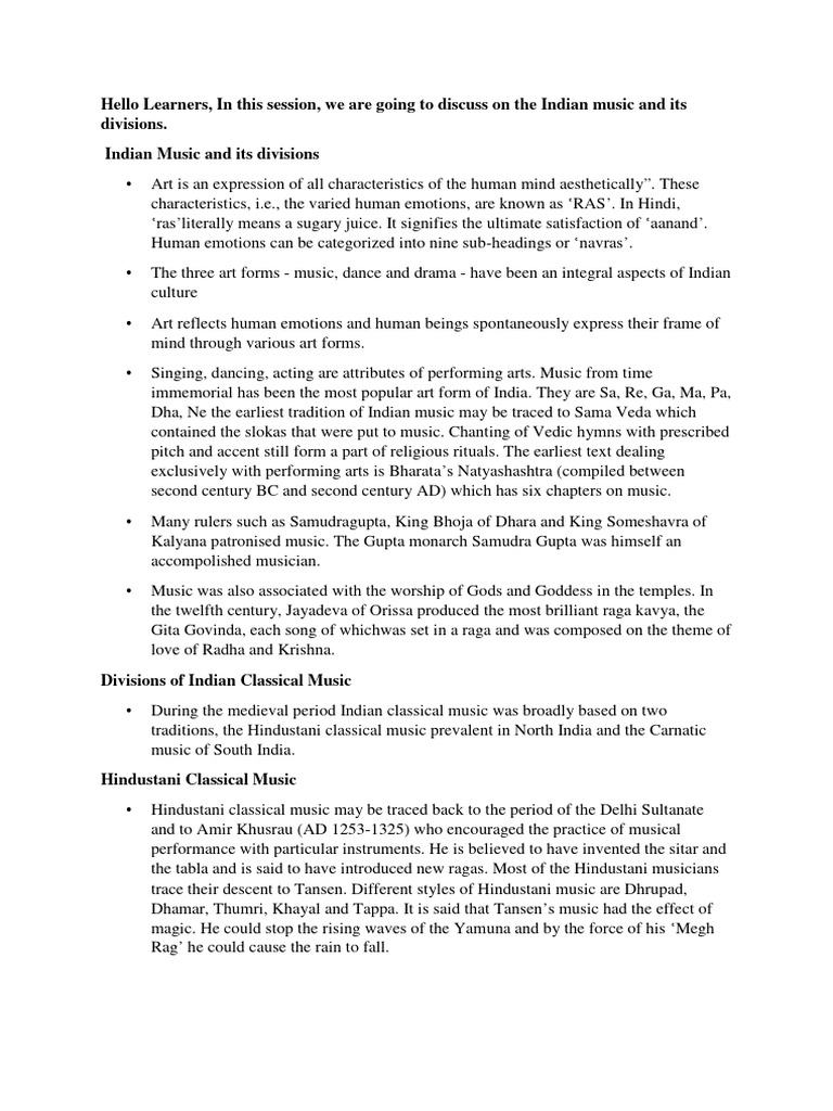 W5 - S1 Music and Divisions of Indian Classic Music | PDF | Classical ...