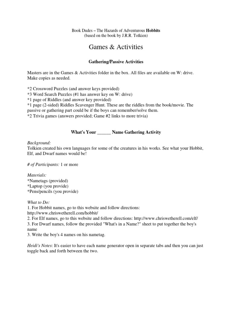 Hobbit-Themed Games & Activities Guide | PDF | The Hobbit | Bilbo Baggins