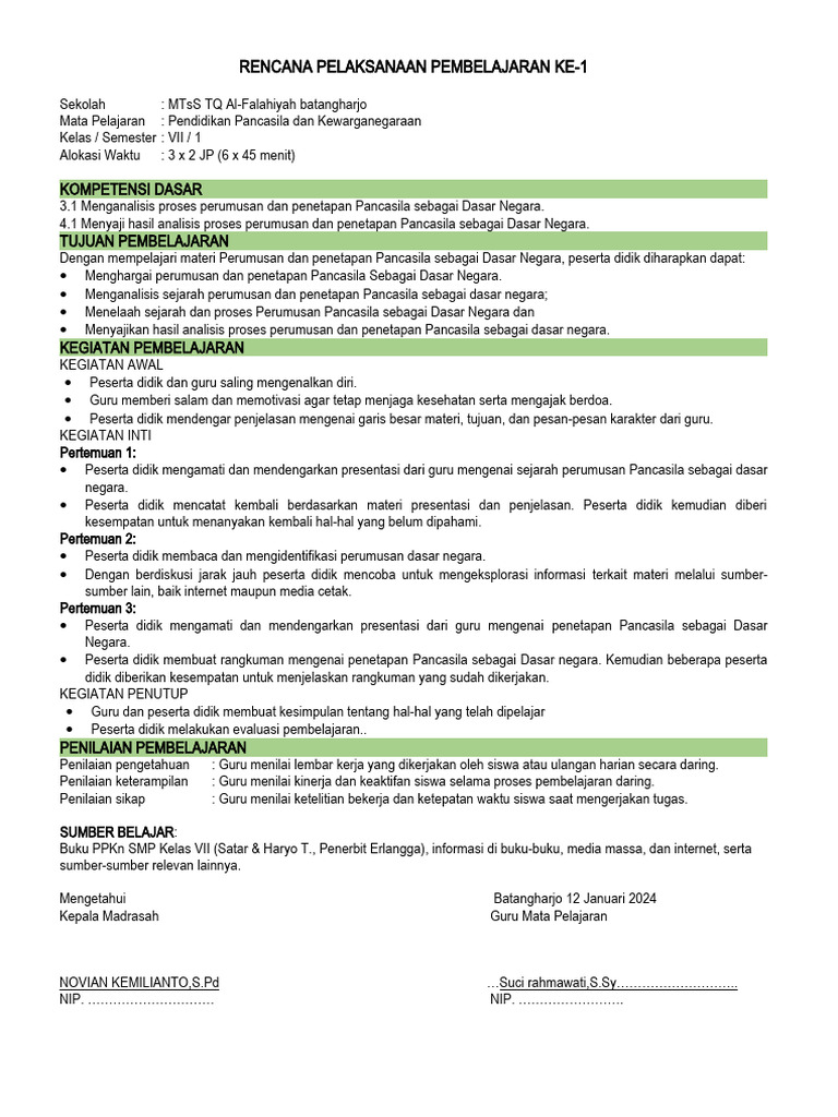 RPP 1 Lembar PPKN SMP Kelas VII Bab 1-1 Edit | PDF