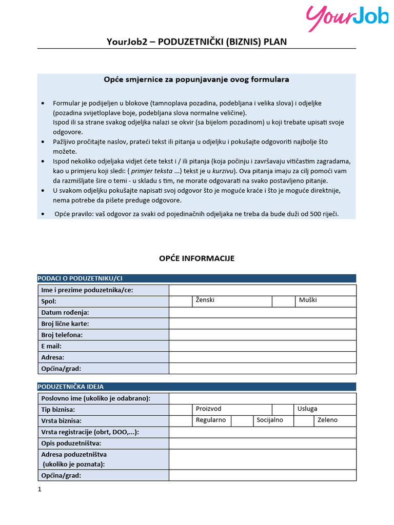 Dodatak A - Prijavni Obrazac Za Dodjelu Start-Up Pomoći - Poslovni Plan | PDF