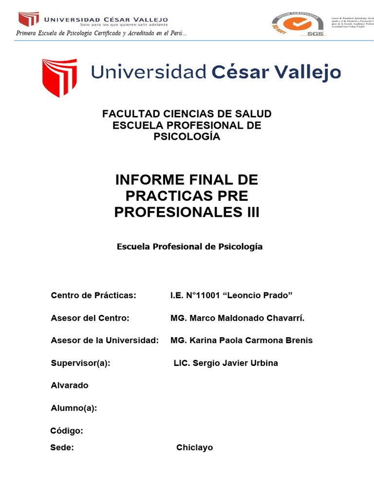 Informe Final de Prácticas Pre Profesionales PP3 Completo | PDF | Sicología | Escuelas