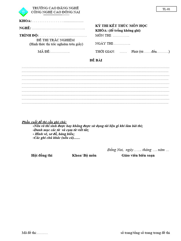 BM04- MẪU ĐỀ, ĐÁP ÁN THI KẾT THÚC MH,MĐ (TRẮC NGHIỆM TRÊN GIẤY) | PDF