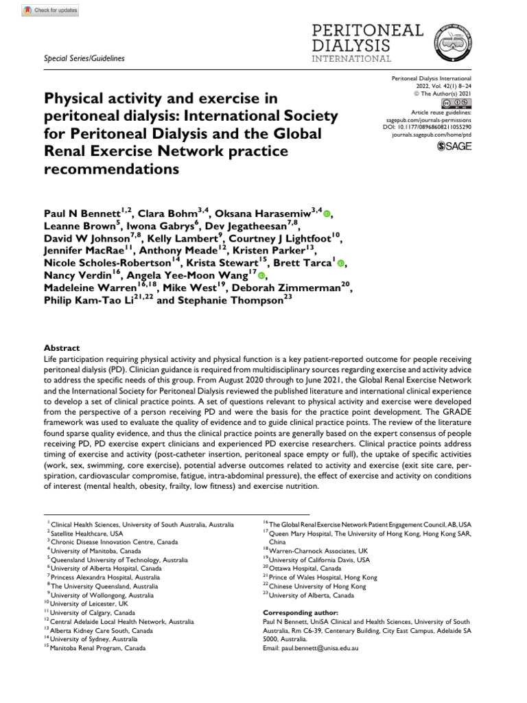 Bennett Et Al 2021 Physical Activity and Exercise in Peritoneal Dialysis International Society ...