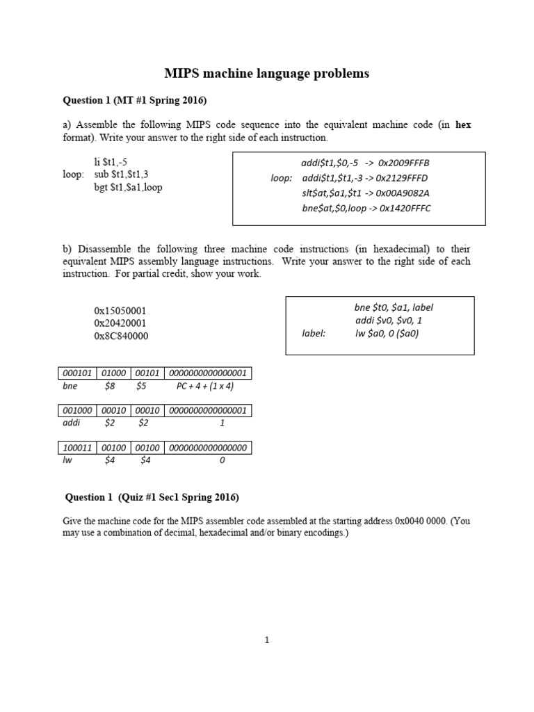 Recent MIPS Machine Language Problems | PDF | Assembly Language | Computer Engineering