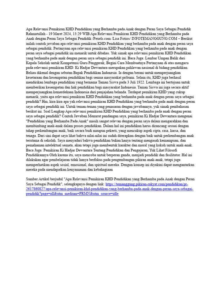 Apa Relevansi Pemikiran KHD Pendidikan Yang Berhamba Pada Anak Dengan Peran Saya Sebagai ...