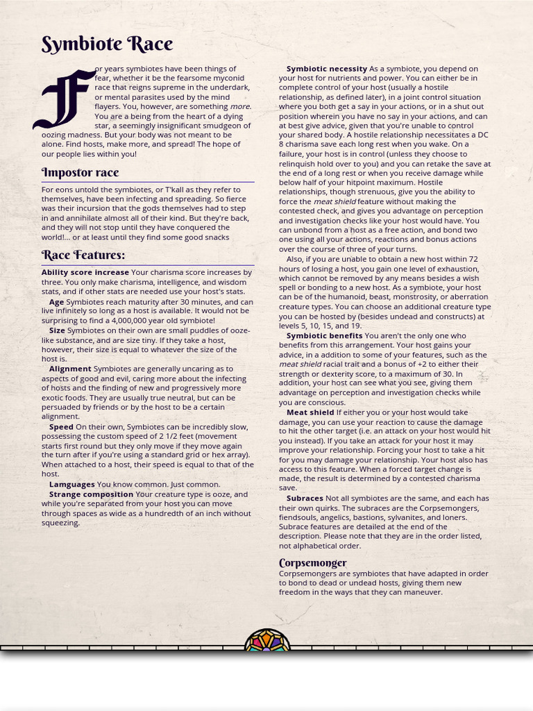 New 5e Race - Symbiote - GM Binder | PDF | Demons