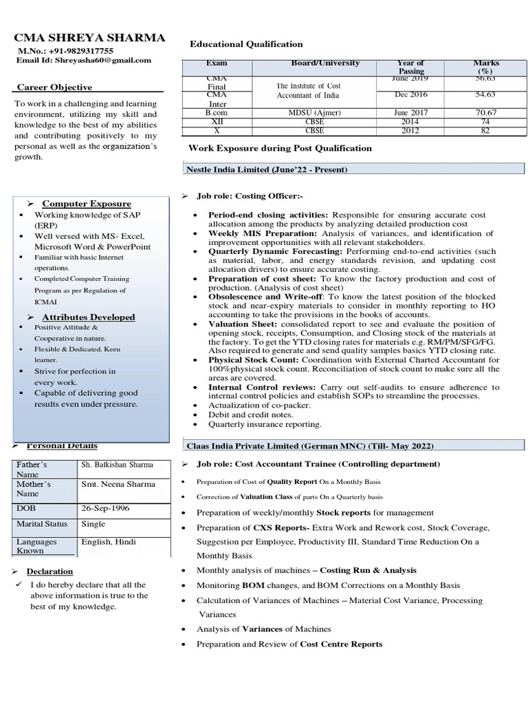 CMA Shreya Sharma: Cost Accountant Resume | PDF | Business