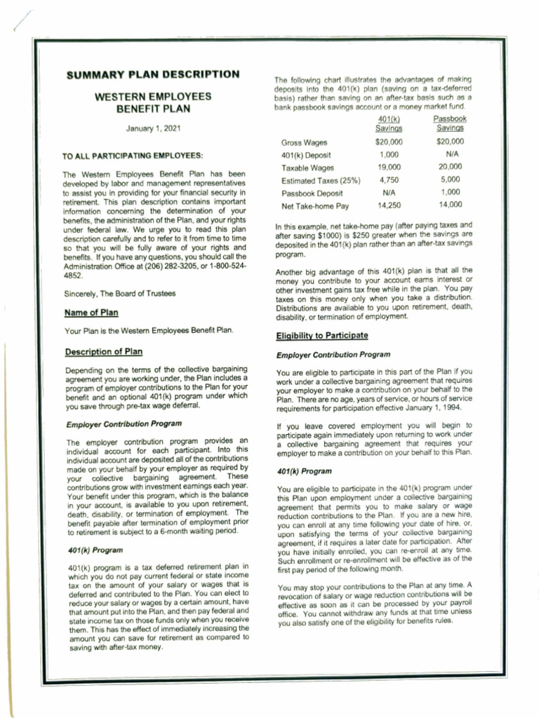 Summary Plan Description - Western Employees Benefit Plan | PDF