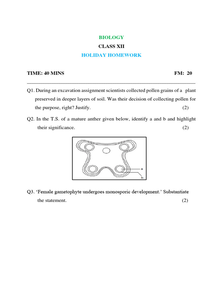 Biology Class Xii Summer Holiday Homework 2023-24 - Question Paper ...