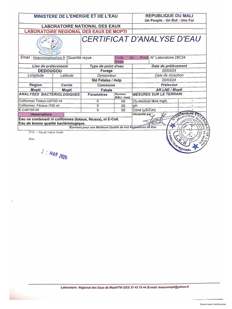 resultats d'analyse bacteriologique Dedougou et Kankelena | PDF