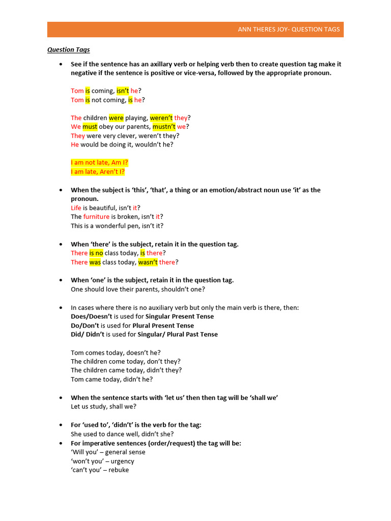 Question Tags | PDF | Grammatical Number | Verb