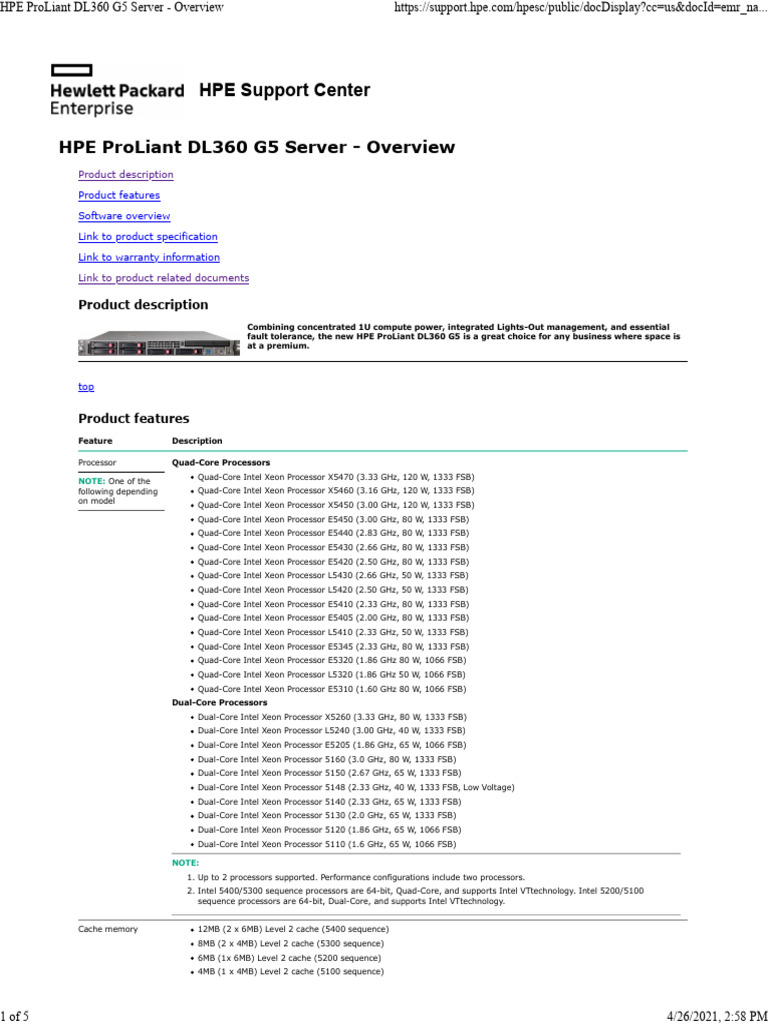 HPE ProLiant DL360 G5 Server - Overview | PDF | Computing | Computer Engineering