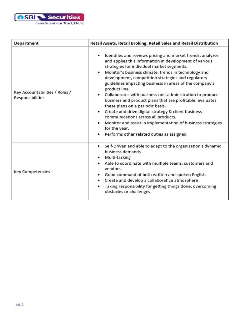 Job Description-SBI Securities | PDF | Retail | Business