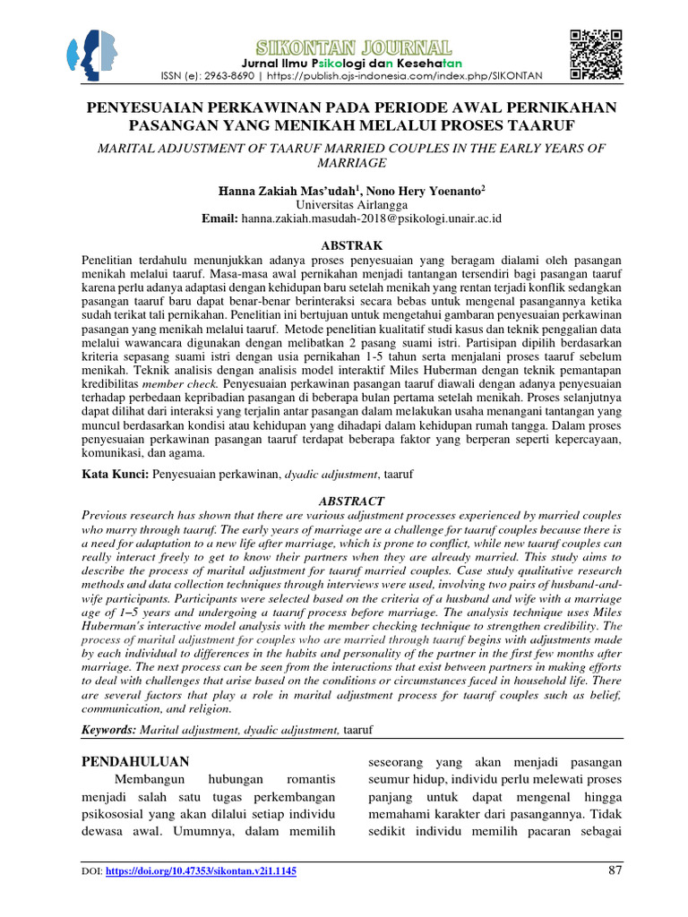 Penyesuaian Perkawinan Pada Periode Awal Pernikahan Pasangan Yang Menikah Melalui Proses Taaruf ...