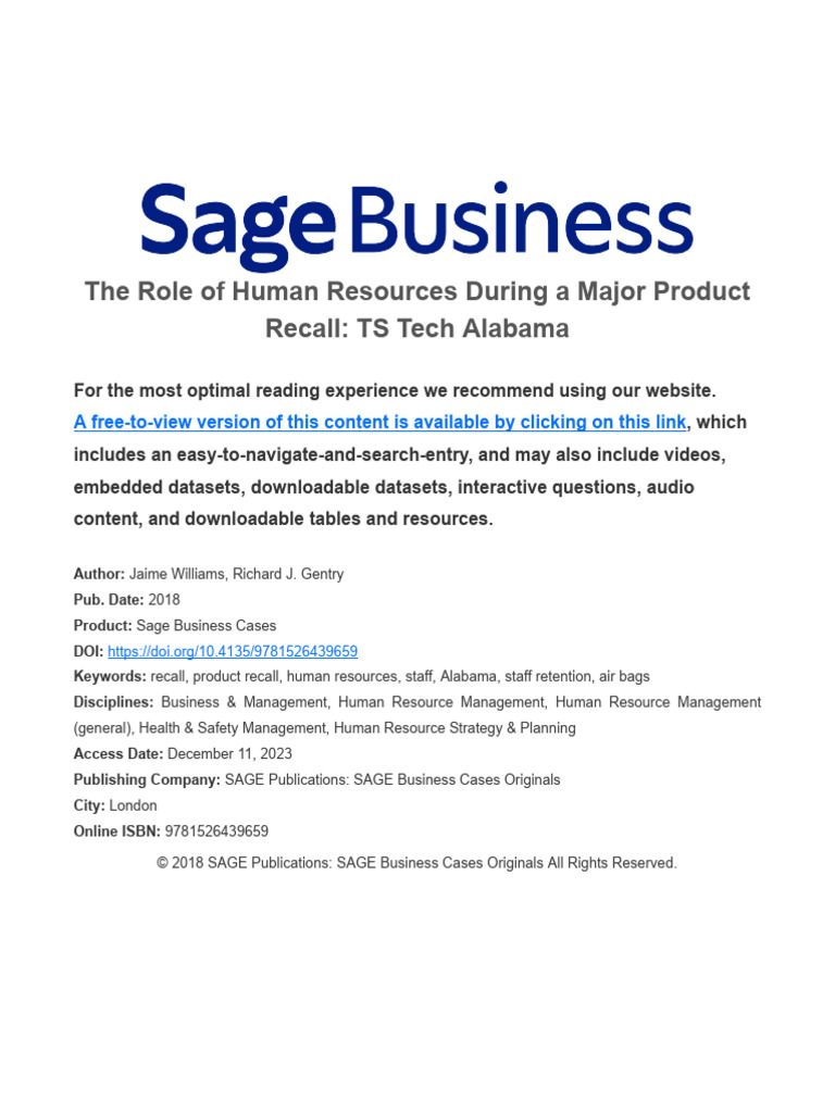 Human Resources During A Major Product Recall Ts Tech Alabama | PDF ...