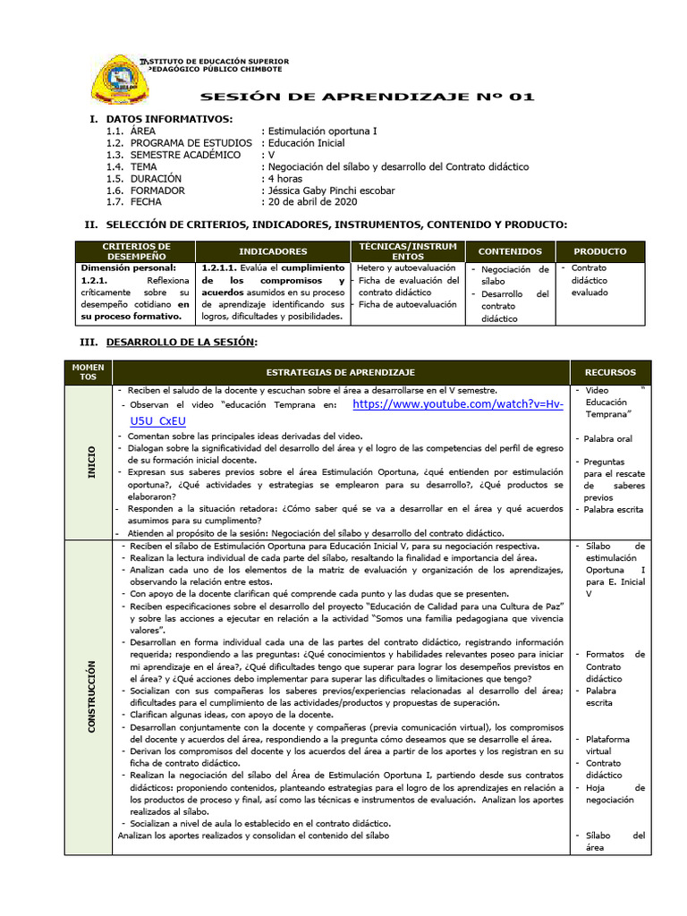 Sesión de Aprendizaje #01 Estimulación Opotuna I1 | PDF | Maestros | Evaluación