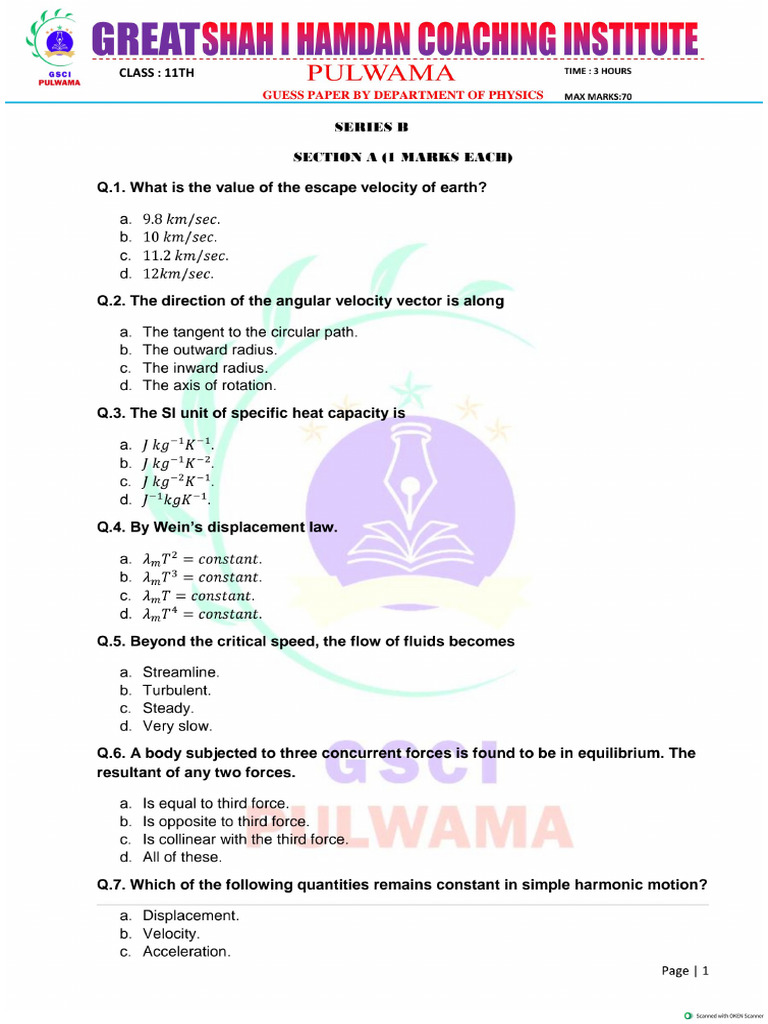 GUESS PAPER 11th SERIES B PHYSICS BY GSCI Physics Department | PDF