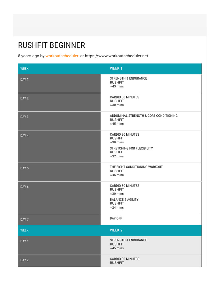 RushFit Beginner Workout Schedule | PDF | Flexibility (Anatomy ...