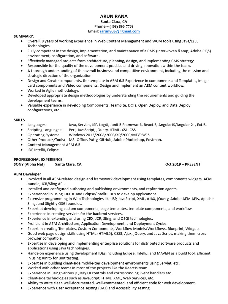 Arun Rana: Santa Clara, CA Phone - (Email: Summary | PDF | Web Development | Ext Js