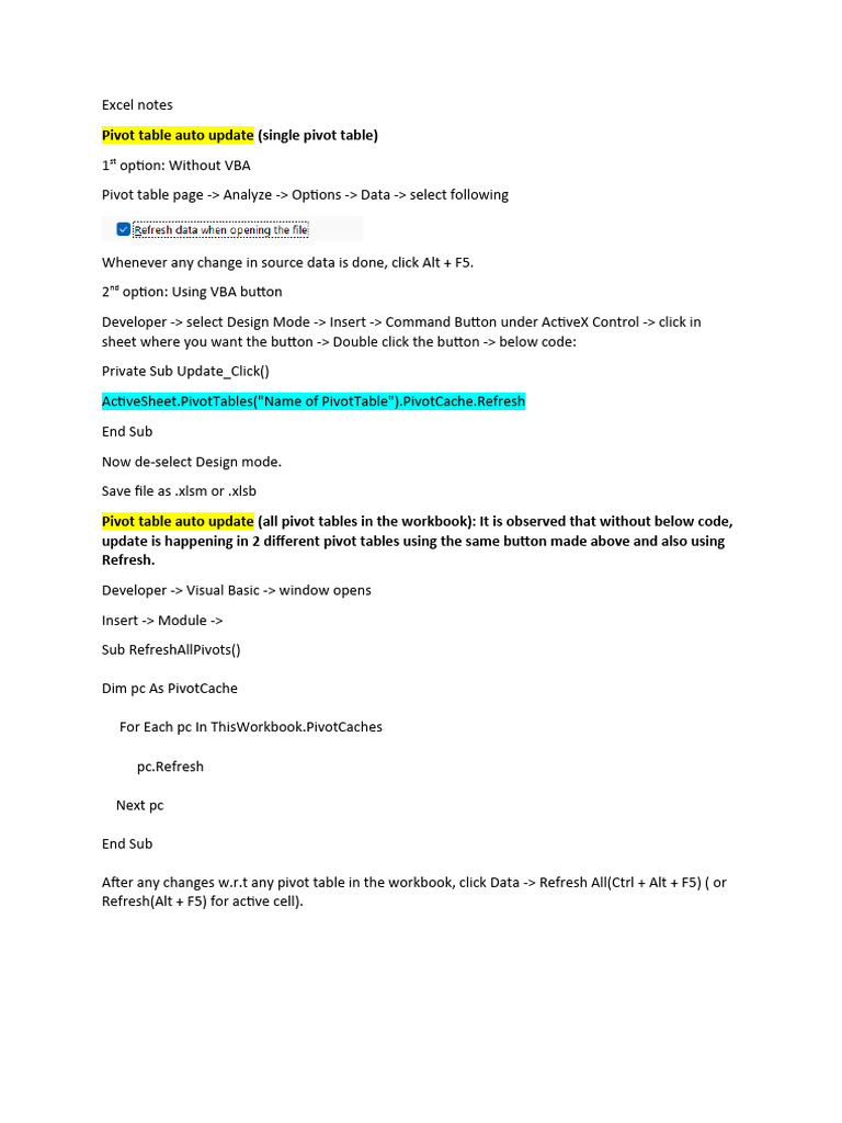 Auto Update Pivot Tables in Excel | PDF
