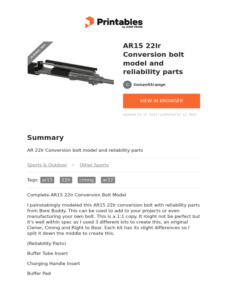 Ar15 22lr Conversion Bolt Model and Reliability Parts | PDF