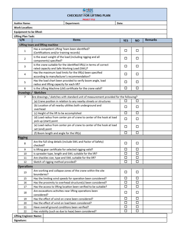 Lifting Plan Checklist | Download Free PDF | Crane (Machine)
