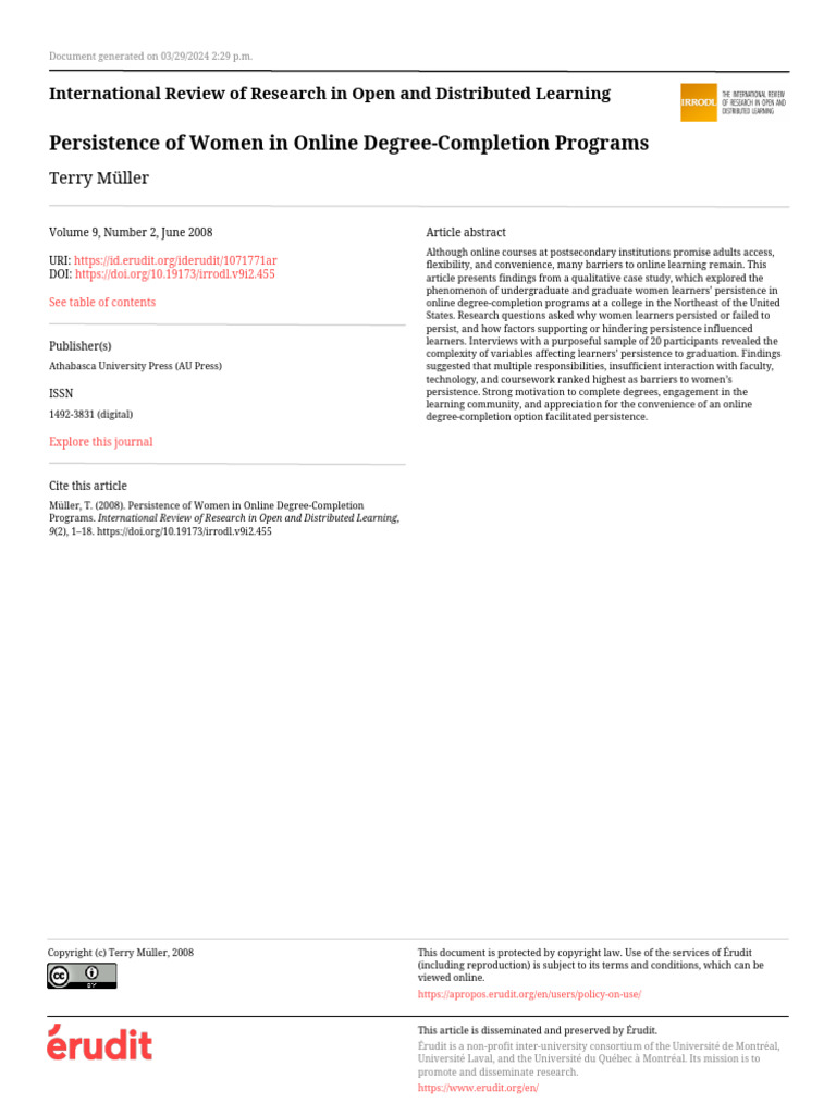 Persistence of Women in Online Degree-Completion Programs: Terry Müller | PDF | Educational ...