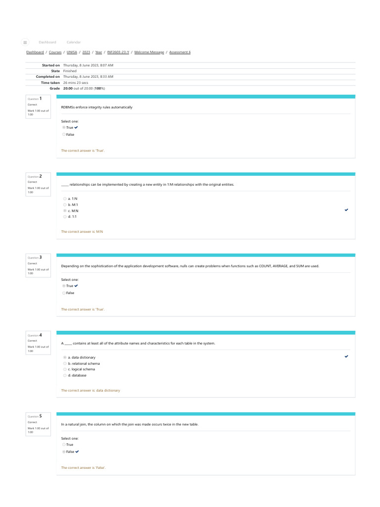 Assessment 6 - Attempt Review | PDF | Relational Model | Relational Database