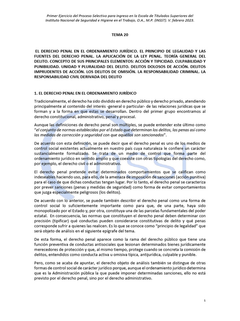 Tema 20. El Derecho Penal | PDF | Derecho penal | Intención (Derecho Penal)
