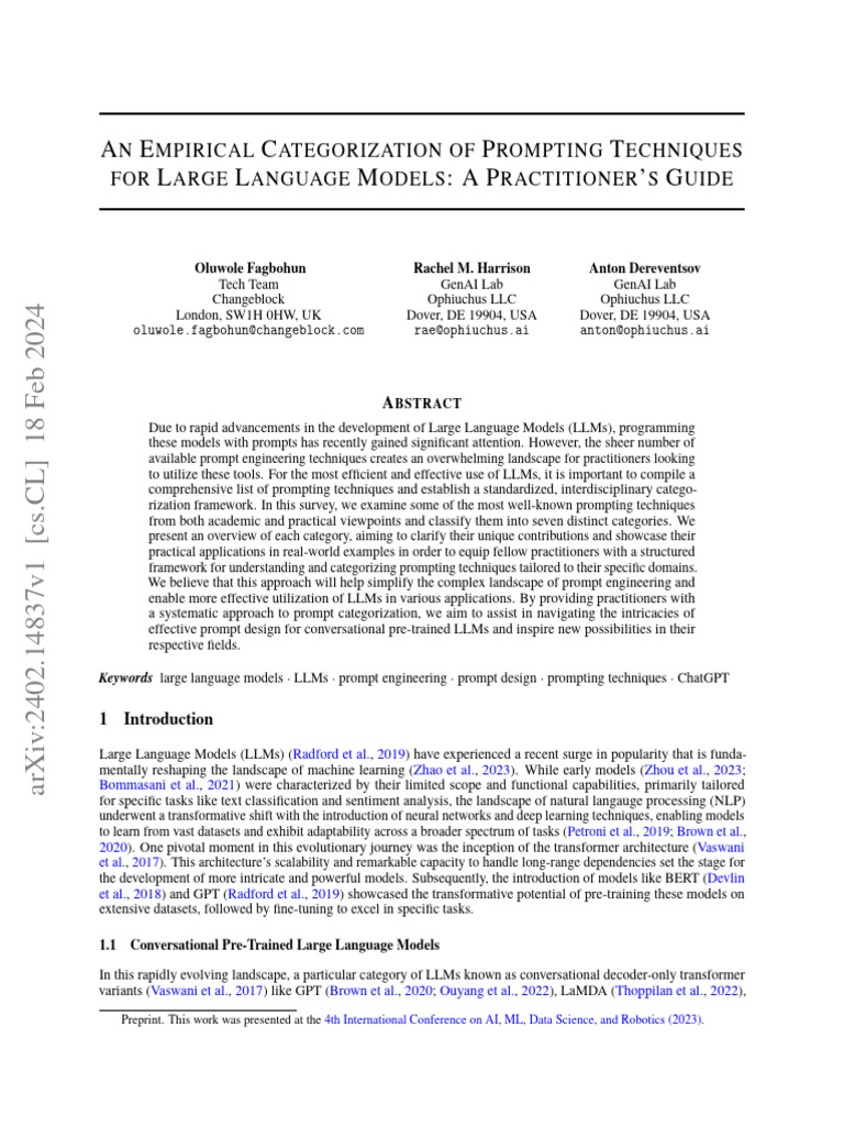 A E C P T L L M: A P ' G: N Mpirical Ategorization of Rompting Echniques FOR Arge Anguage Odels ...