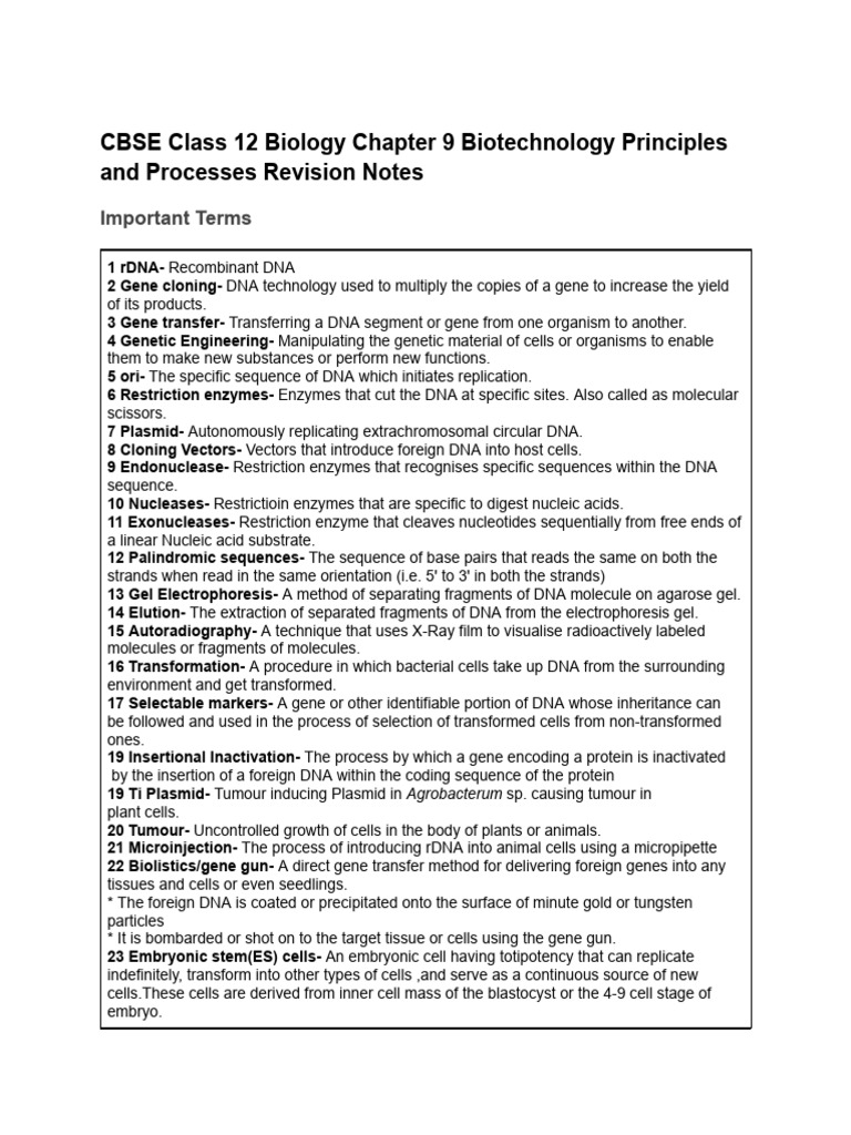 Biotechnology Principles and Processes Revision Notes Cbse Class 12 ...