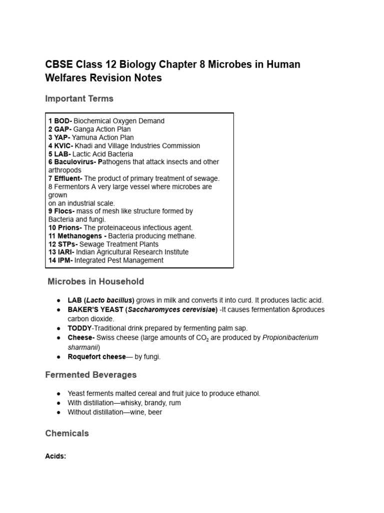 Ncert Class 12 Biology Chapter 8 Microbes in Human Welfares Revision ...