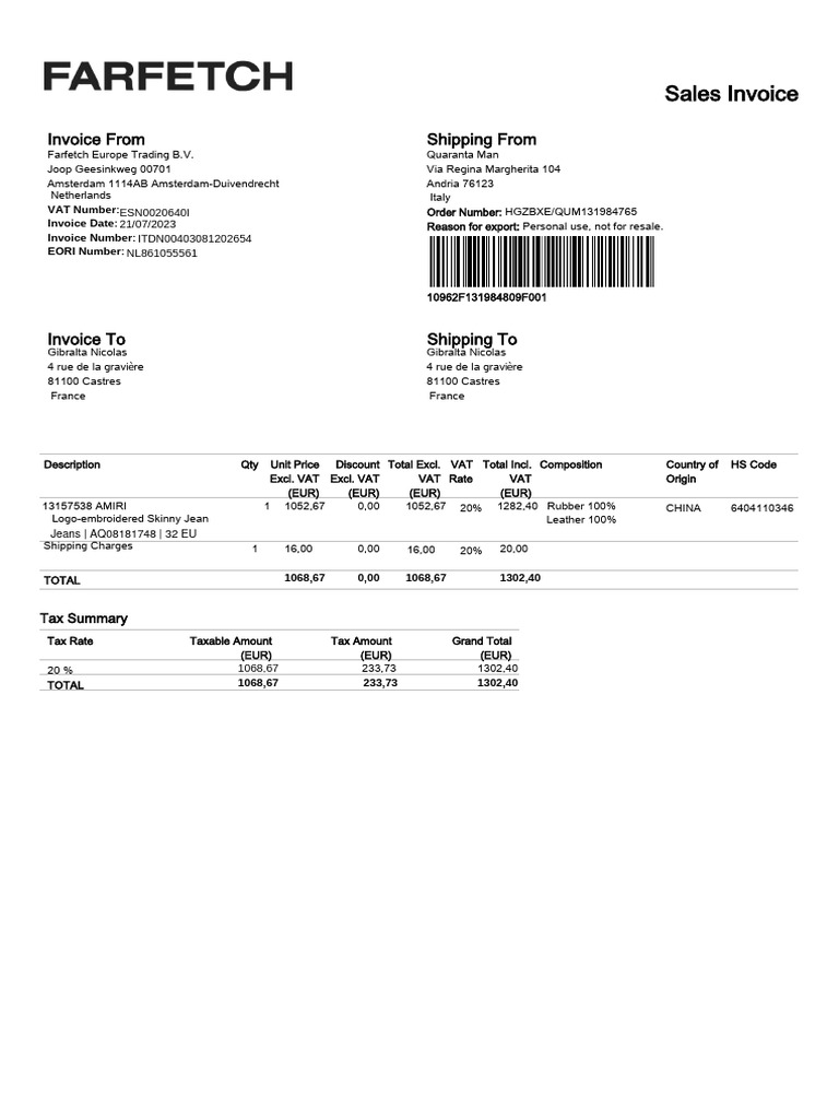 Facture - Farfetch - Nico) - Copie | PDF | Value Added Tax | Invoice