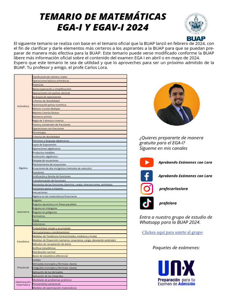 Temario Matemáticas Ega I Buap - Carlos Lora | PDF | Ecuaciones | Aritmética