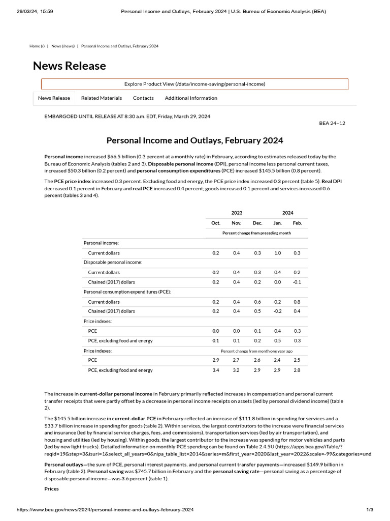 Personal Income and Outlays, February 2024 - U.S. Bureau of Economic ...