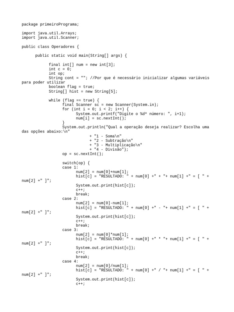 operadoresComSwitch - Java Iniciante | PDF | Java (linguagem de ...