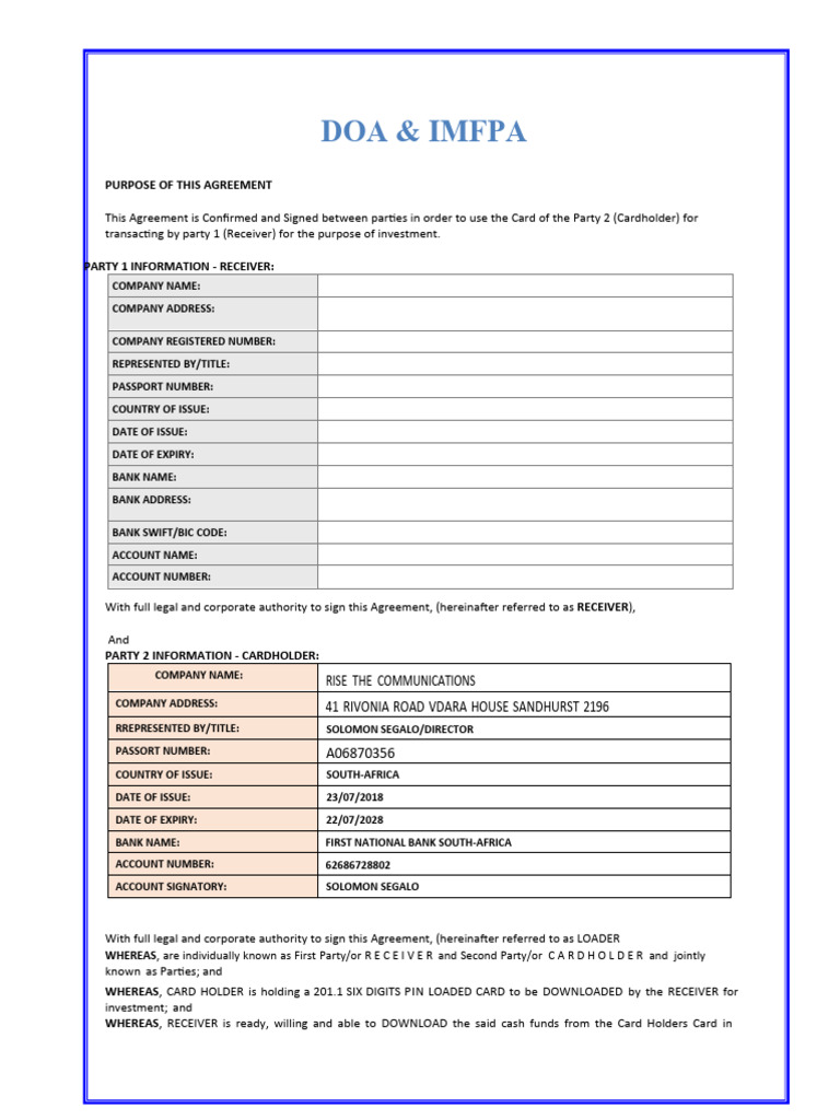 DOA Agreement for Investment Transactions | PDF | Wire Transfer ...