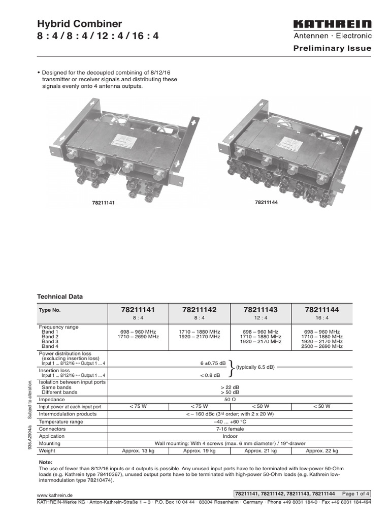 Hybrid Combiner 8: 4 / 8: 4 / 12: 4 / 16: 4: Preliminary Issue | PDF ...