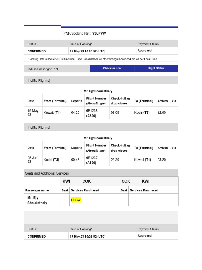 PNR/Booking Ref.: YSJPVW: Status Date of Booking Payment Status | PDF ...