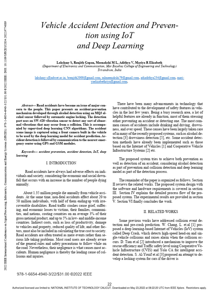 Vehicle Accident Detection And Prevention Using Iot And Deep Learning