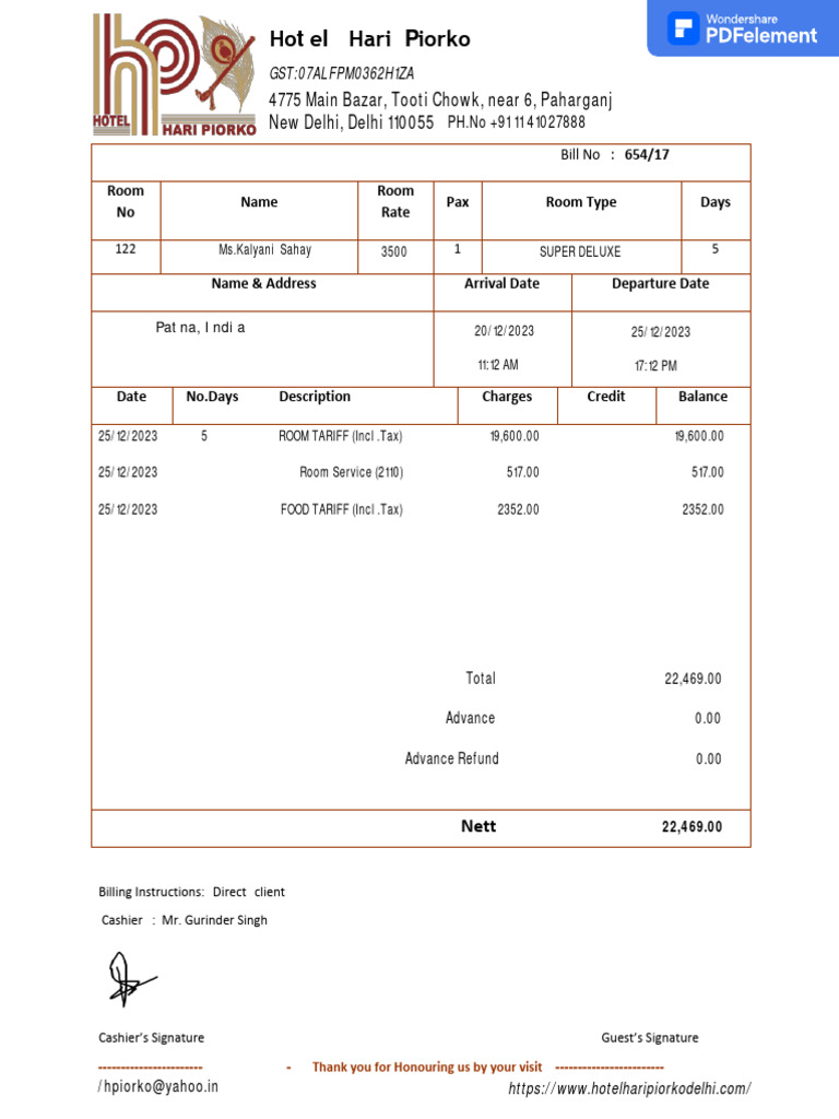 Hotel Bill for Ms. Kalyani Sahay | PDF | Taxes | Government Finances