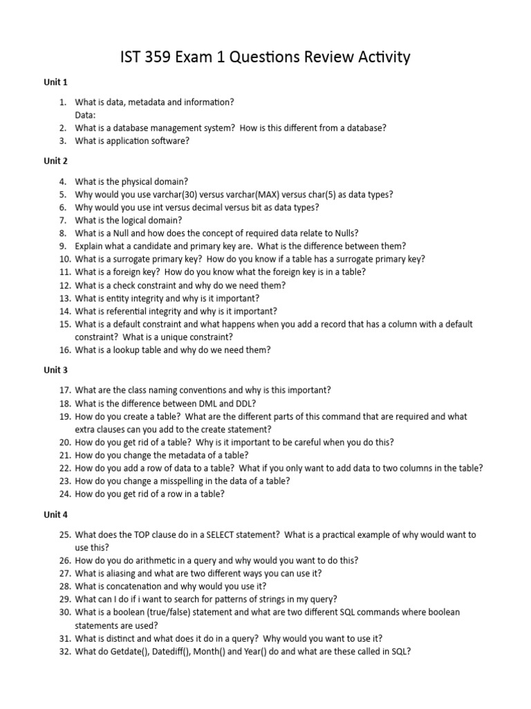 Ist 359 Exam 1 Questions Review Activity Pdf Data Data Management