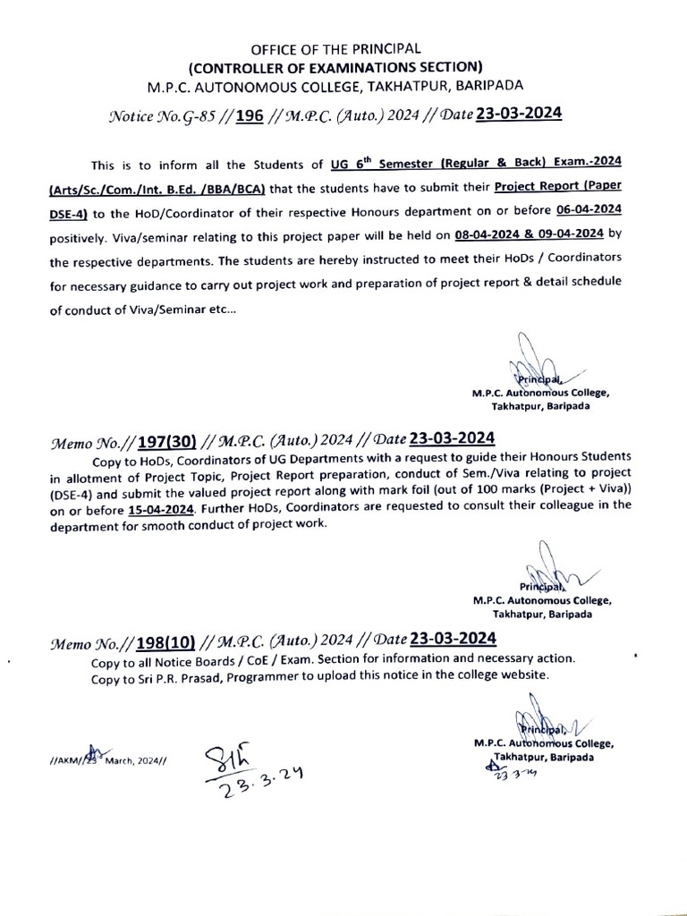 UG 6th Semester Project Submission Notice | PDF