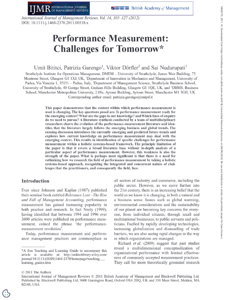 Performance Measurement - Challenges For Tomorrow | PDF | Electronic ...