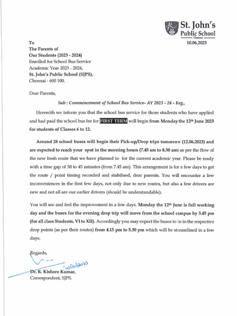 Commencement of School Bus Service AY 2023 - 2024 | PDF