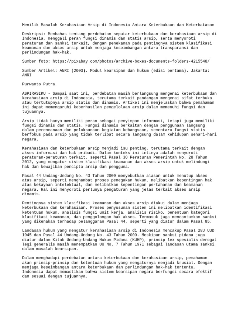 16 - 11 - 2023 - Purwanto Putra - Menilik Masalah Kerahasiaan Arsip Di Indonesia Antara ...