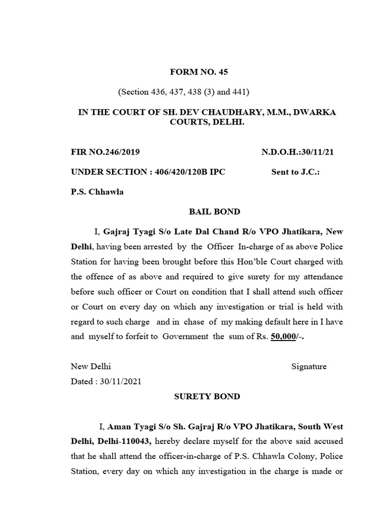 Bail Bond Form No. 45 Details | PDF | Bail | Crime & Violence