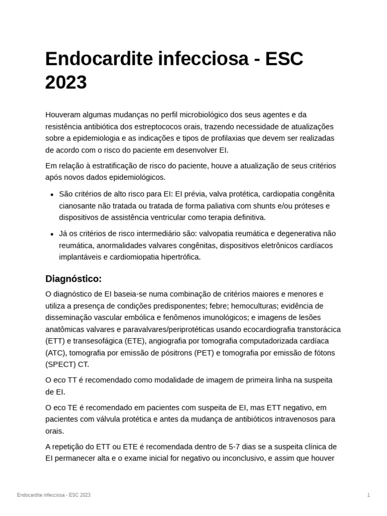 Endocardite Infecciosa - ESC 2023 | PDF | Infecção | AVC