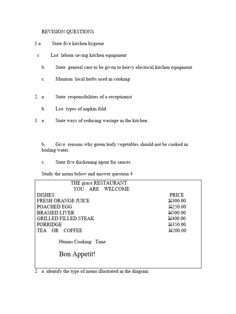 Catering Exam Revision Questions | PDF